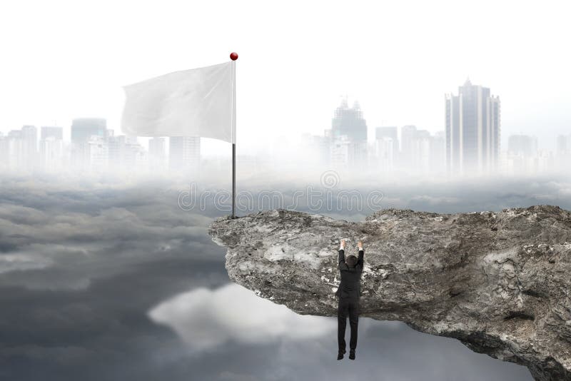 Man Hanging on Cliff with White Flag and Cloudy Cityscape Stock Image ...