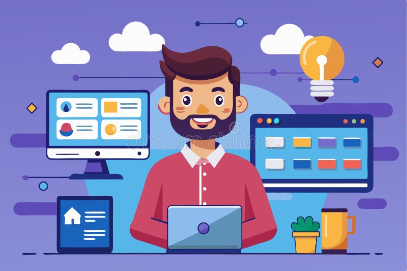 A Man is Happily Working on His Laptop, Surrounded by Colorful Graphics ...