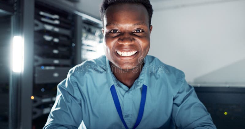 Man, Happy and Portrait or Working in Server Room, System Update and ...