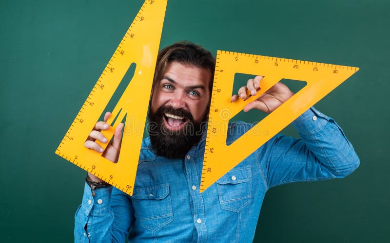 Man Happy with Size Measured on Triangle Ruler Math Tool, School Study ...