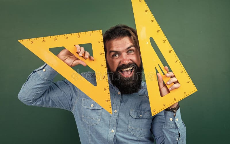 Man Happy with Size Measured on Triangle Ruler Math Tool, School Study ...