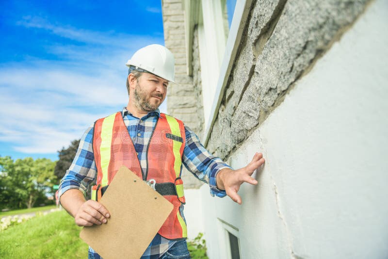 Man with Hard Hat Inspecting House Concreate Stock Photo - Image of ...