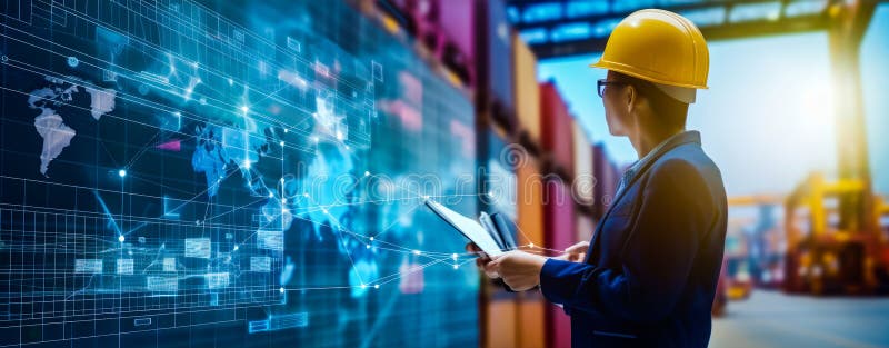 Man in Hard Hat is Looking at Digital Map. Generative AI Stock ...
