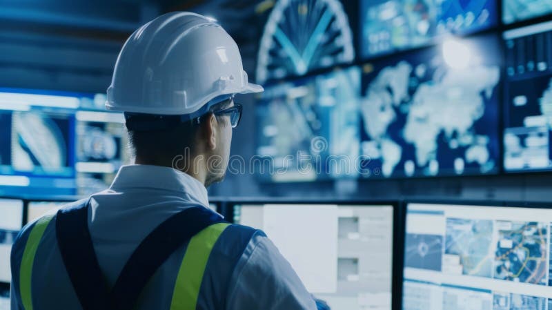 Man in Hard Hat Observing Multiple Monitors Stock Illustration ...