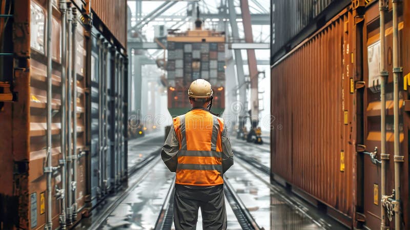 A Man in a Hard Hat is Overseeing Cargo in a Warehouse, Ensuring Safe ...