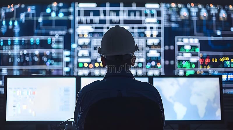 Man in Hard Hat Sitting at Computer Screen, Utilizing Technology Stock ...