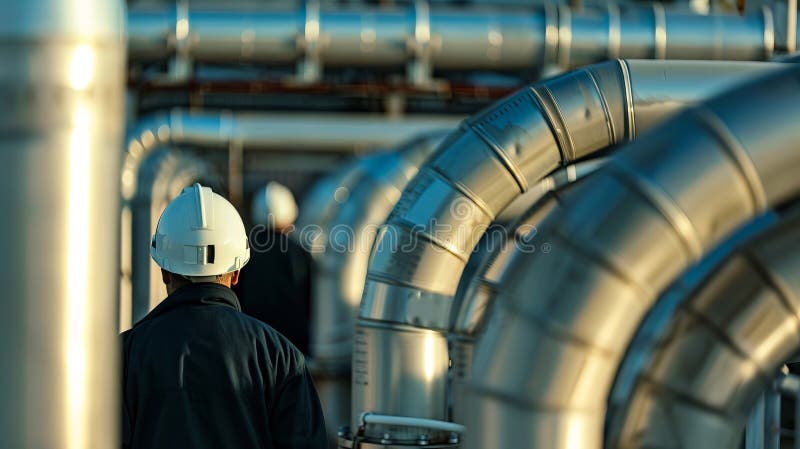 A Man in a Hard Hat is Standing in Front of Pipes Stock Image - Image ...