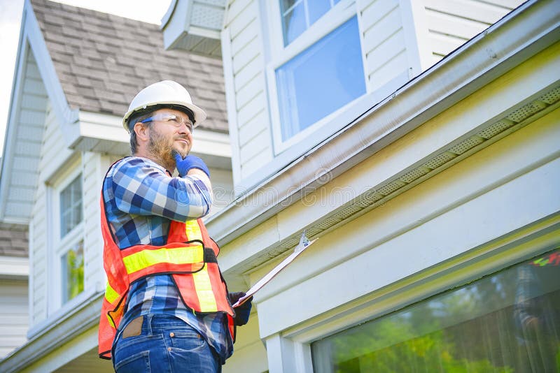 Man with Hard Hat Standing on Steps Inspecting House Roof Stock Image ...