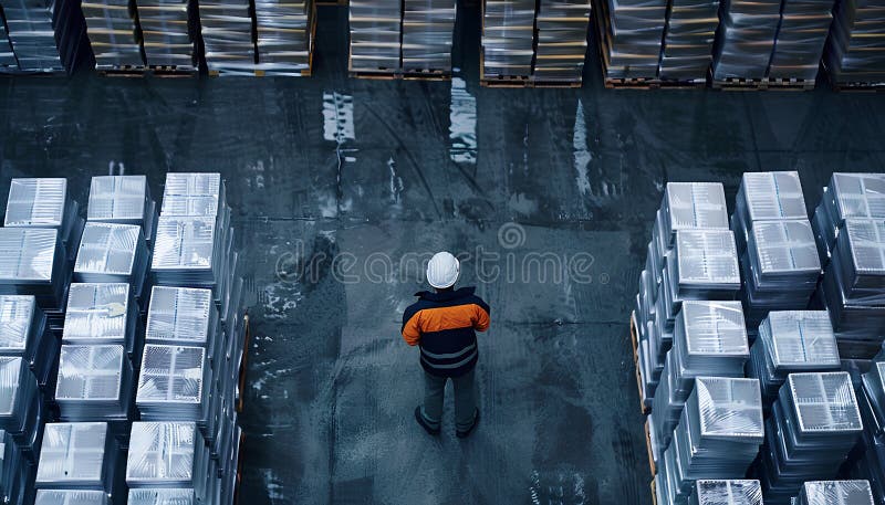 Man in Hard Hat Working with Cargo Pallet in Warehouse, Above View ...