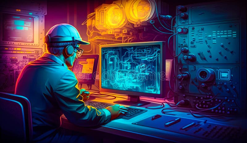 Man in Hard Hat is Working on Computer. Generative AI Stock ...