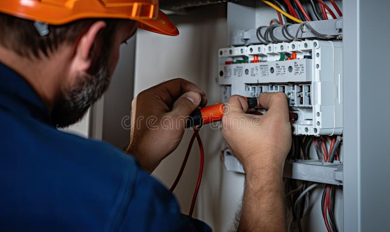 Working Safely with Electrical Panels: a Hard Hat-Wearing Man Ensures ...