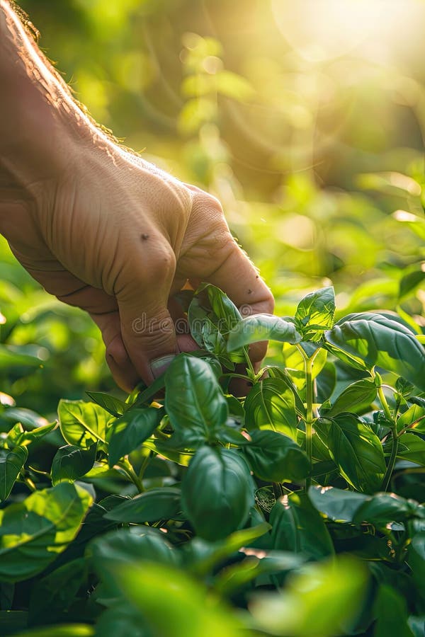A Man Harvests Basil. Selective Focus Stock Illustration - Illustration ...