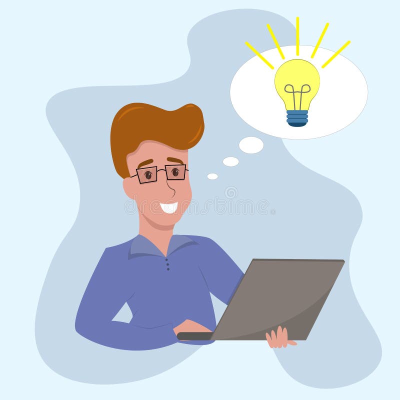 The Man Has an Idea. a Man Sits and Thinks at a Laptop. Happy Man Stock ...