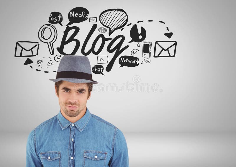 Man with Hat and Blog Text and Graphic Drawings Stock Illustration ...
