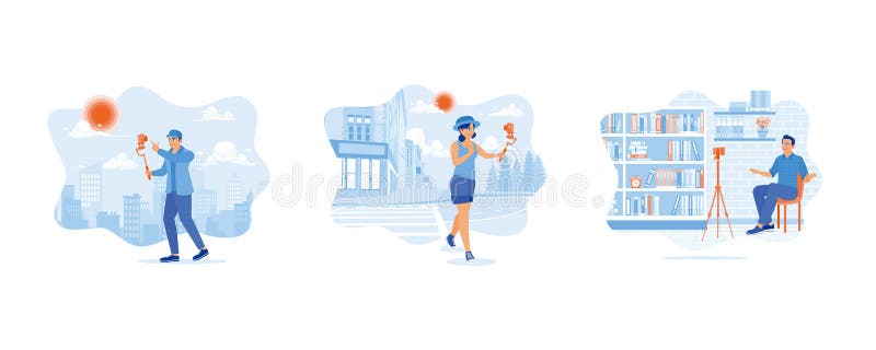 Man in Hat Creates Video Content Using a Modern Camera. a Young Woman ...