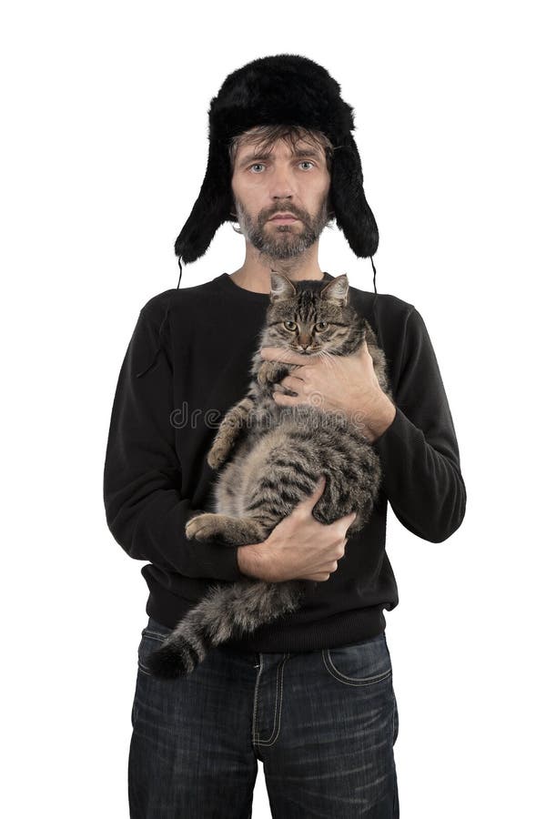 Man in Hat Ear Flaps Holding Cat Stock Photo - Image of male, caucasian ...