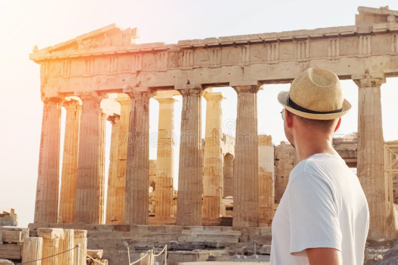 Man in a Hat Looking on the Old Temple in Parthenon Stock Image - Image ...