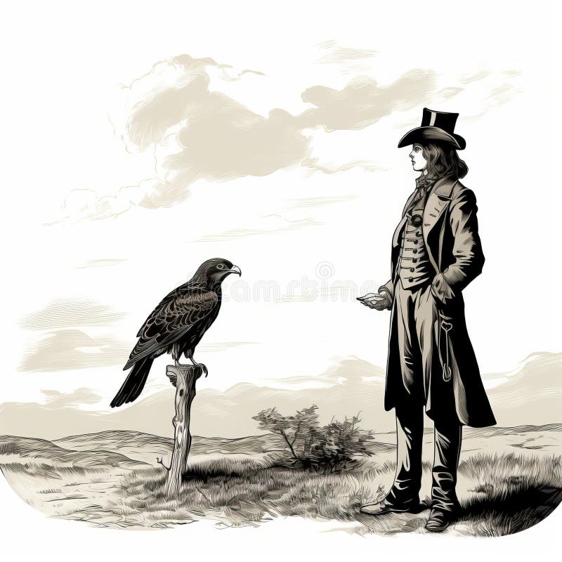 Classic Americana Illustration: Man and Bird in Monochrome Landscape ...