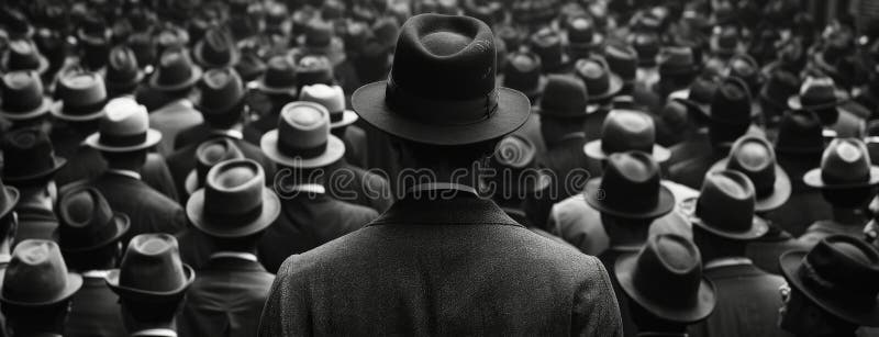 A Man in a Hat Stands in Front of a Crowd of Men in Hats Stock Photo ...