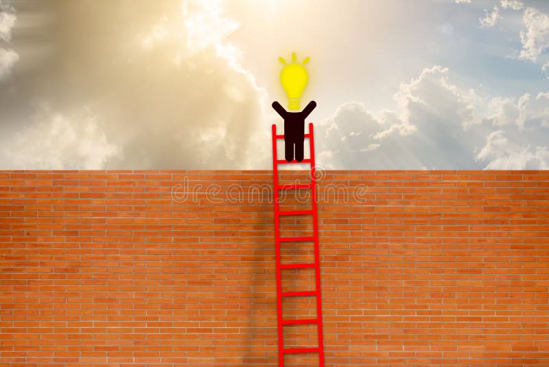Man Have Idea Standing on Top of Ladder Over Brick Wall Stock Image ...