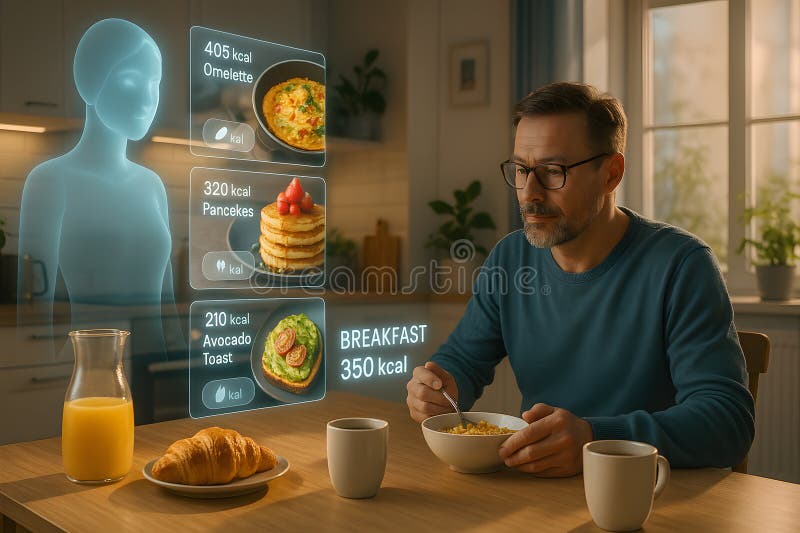 Man Having Breakfast while Digital Assistant Displays Calorie ...