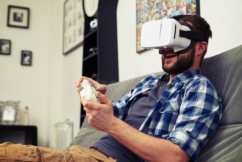 Man is Having Fun while Playing Computer Game in Virtual Reality Stock ...