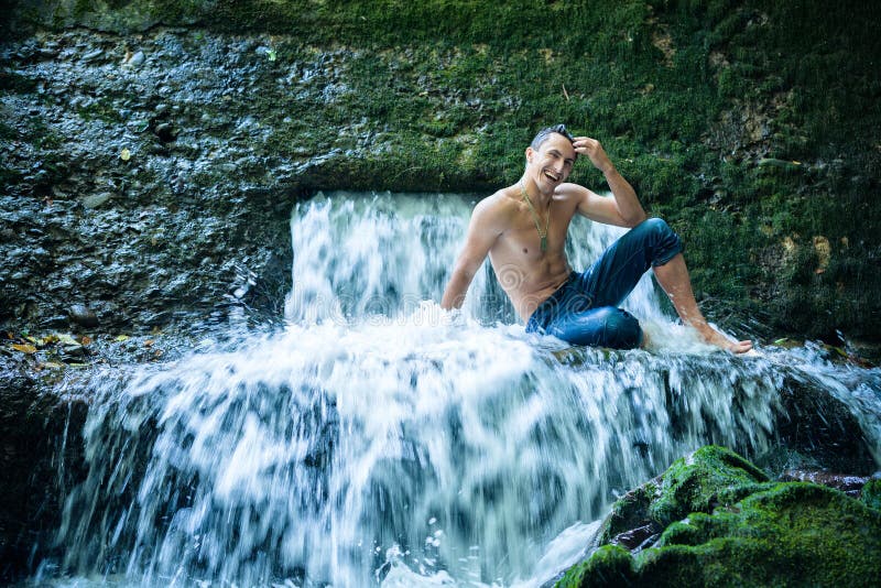 Man Having Fun and Relax Under Waterfall. Stock Photo - Image of look ...