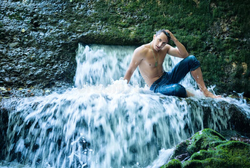 Man Having Fun and Relax Under Waterfall. Stock Photo - Image of look ...