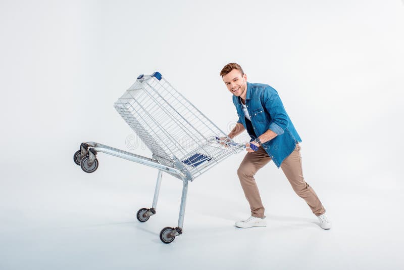 Man Having Fun with Shopping Trolley on White Stock Image - Image of ...