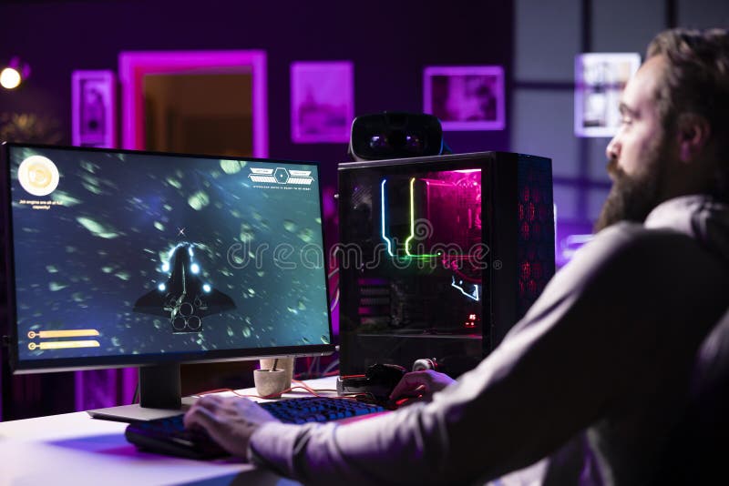 Man Having Fun by Flying Spaceship in SF Videogame, Unwinding at Home ...