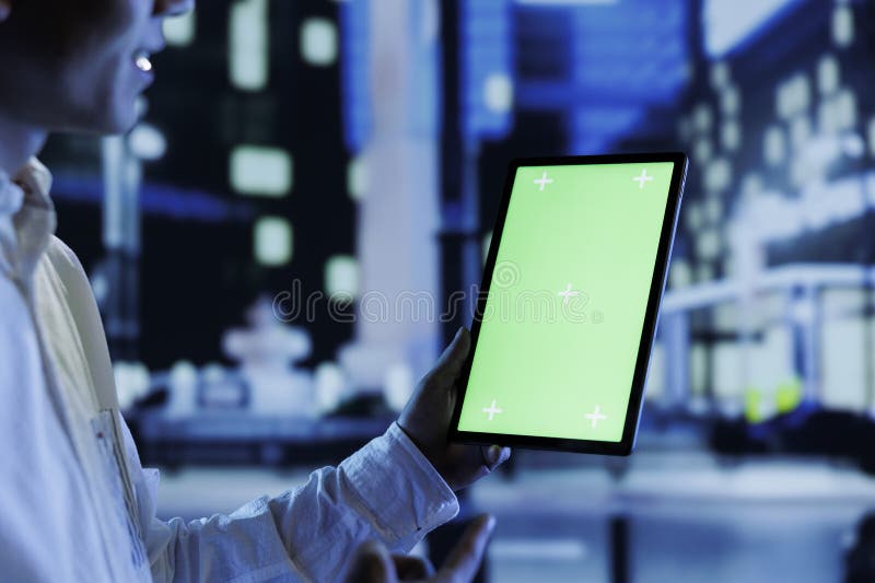 Citizen Uses Green Screen Tablet in City Stock Image - Image of avenue ...