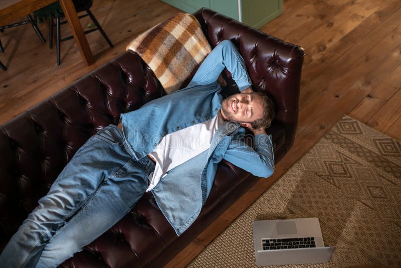 Man Having a Rest while Working Remotely at Home Stock Image - Image of ...