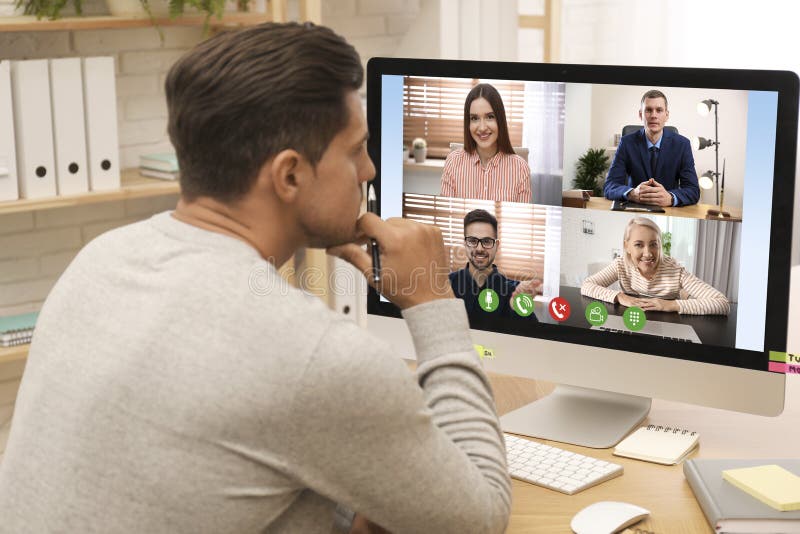 Man Having Video Chat with Colleagues at Table. Team Work Stock Photo ...