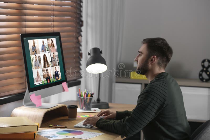 Man Having Video Chat with Colleagues at Table. Team Work Stock Photo ...