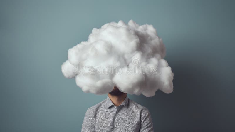Man Head in Clouds, Depression and Fatigue at Work. Man with Cloud Over ...