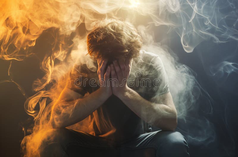 Man with Head on Fire Representing Stress Stock Image - Image of ...