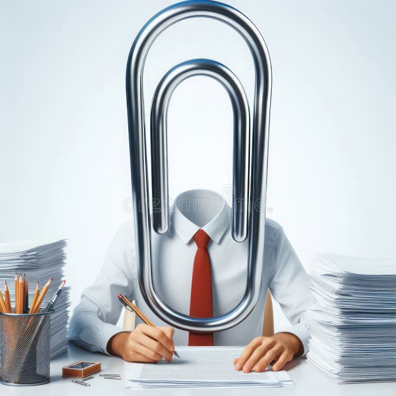 A Man with a Head in the Form of a Giant Paperclip at Work. Stock Image ...