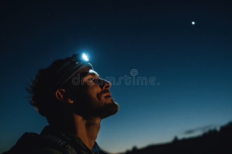 Man with Headlamp Looking Up at Night Sky Stock Illustration ...