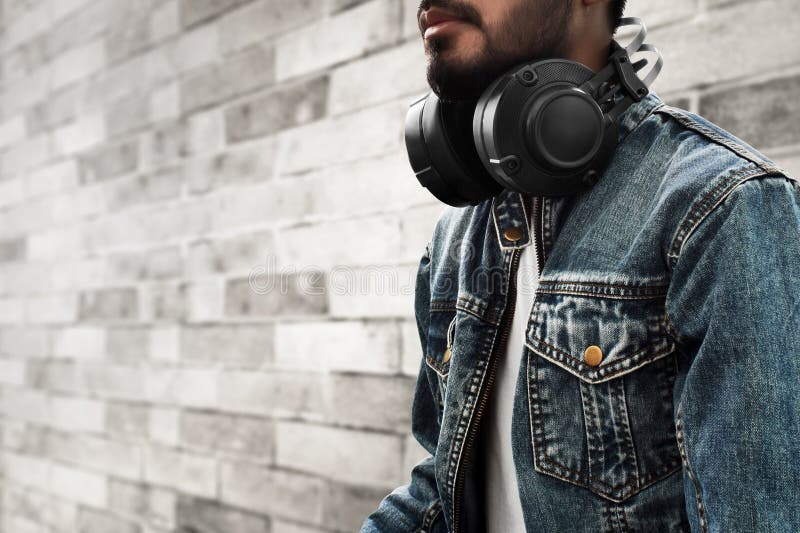 Man with Headphone on Outside Stock Image - Image of bearded, headphone ...