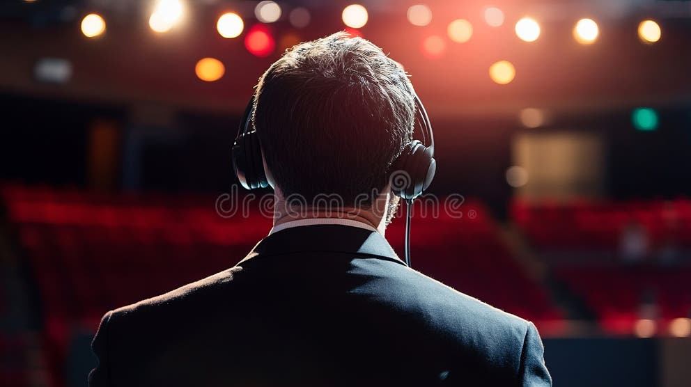Man with Headphones in Auditorium Back View Stock Illustration ...
