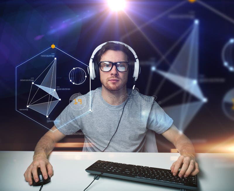 Man in Headset with Computer Virtual Projections Stock Image - Image of ...