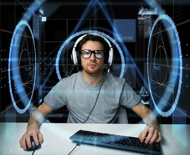 Man in Headset with Computer Virtual Projections Stock Image - Image of ...
