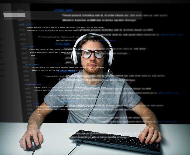 Man in Headset Hacking Computer or Programming Stock Photo - Image of male, networking: 71304996