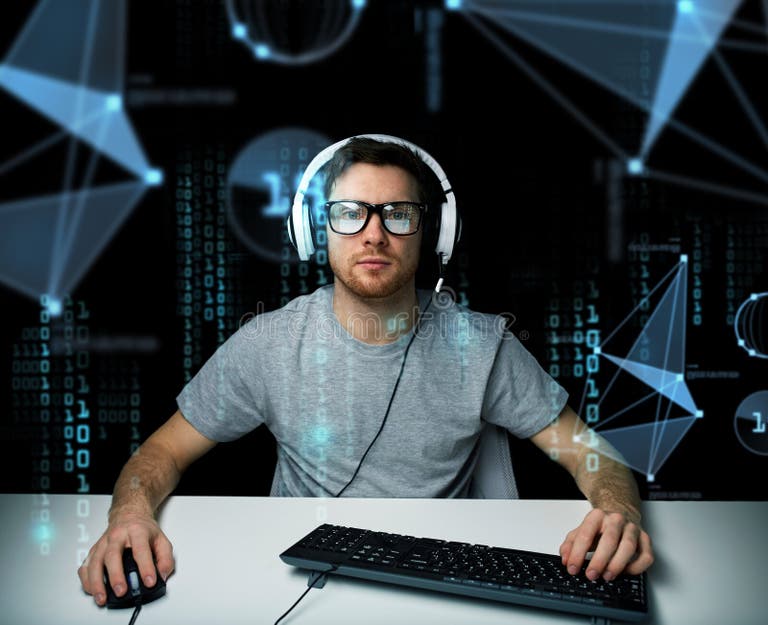 Man in Headset Hacking Computer or Programming Stock Image - Image of coding, male: 71569243