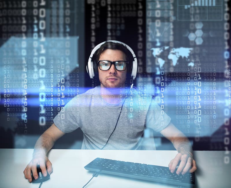 Man in Headset Hacking Computer or Programming Stock Image - Image of ...
