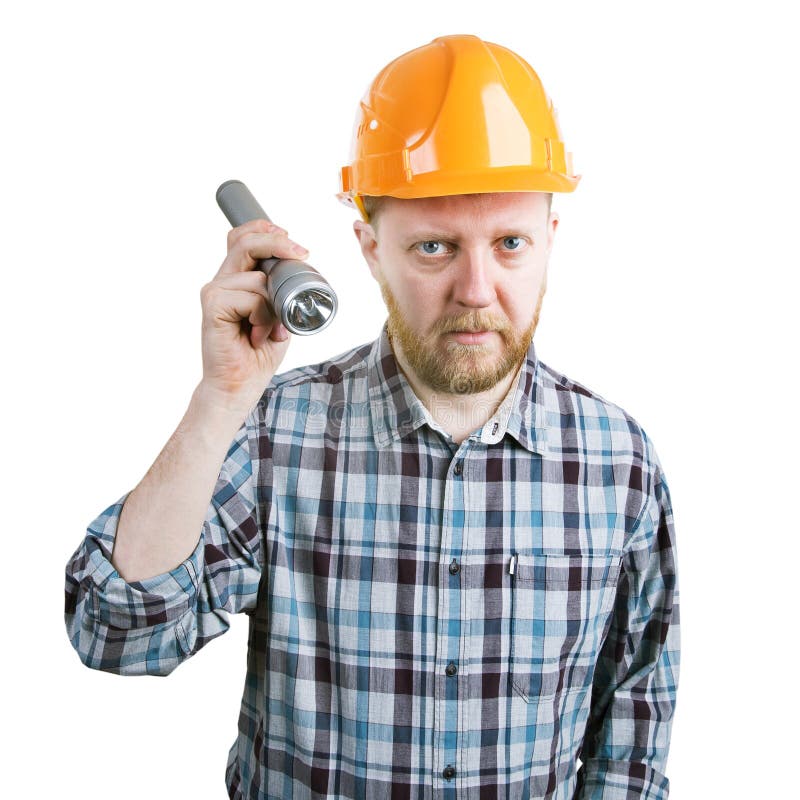 Man in the Helmet with a Flashlight Stock Image - Image of repairman ...