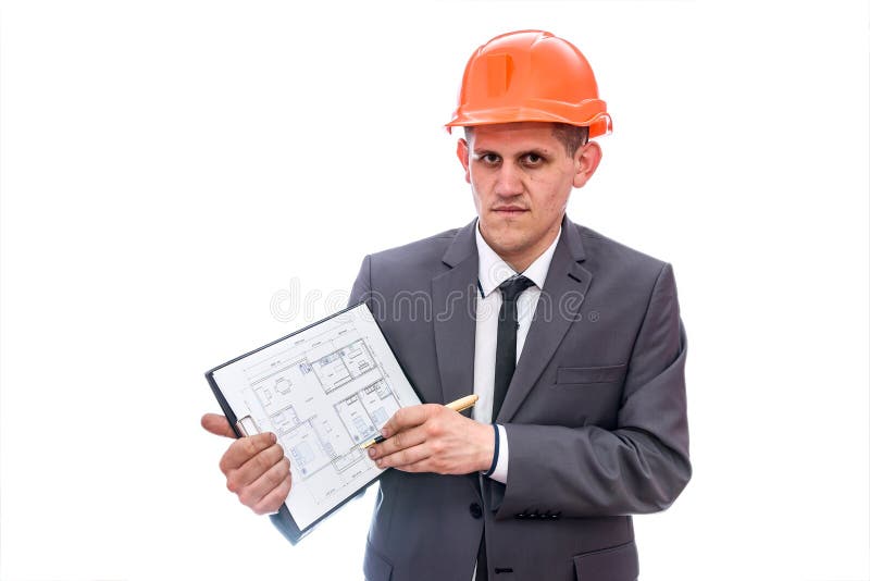 Man in Helmet Pointing with Pen at Clipboard Stock Image - Image of ...