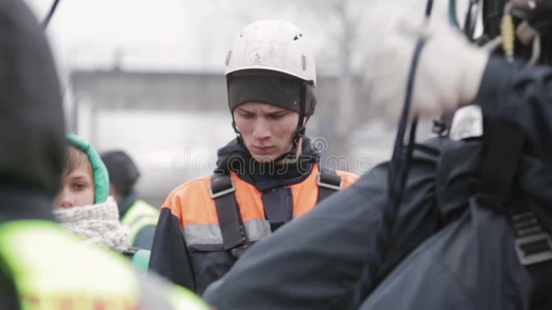 Man in Emercom Uniform Say Speech in Microphone on Stage. Outdoor Stock ...