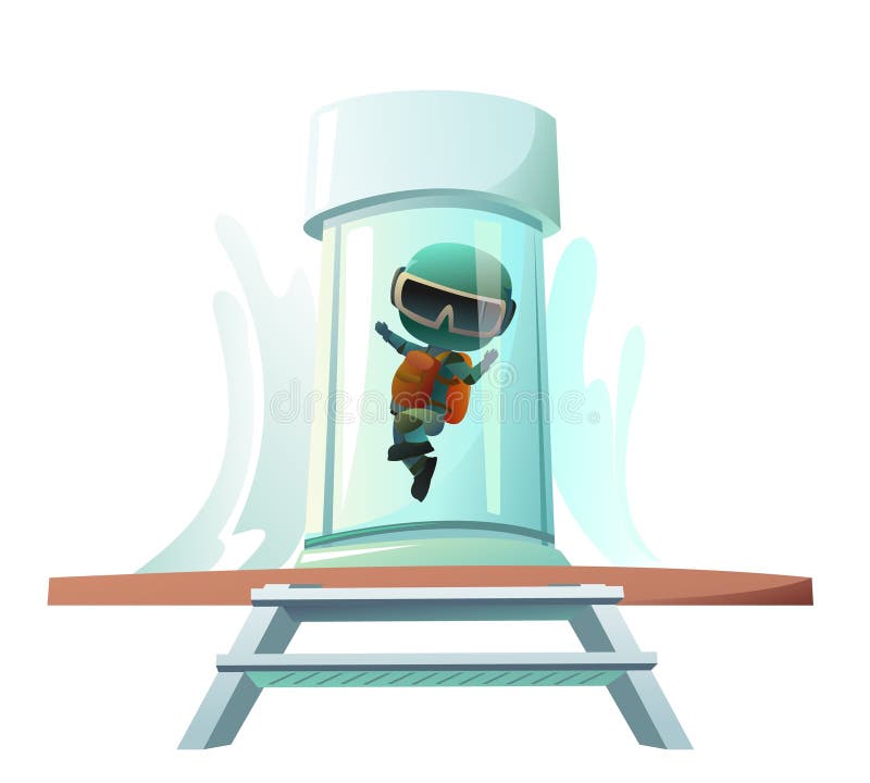 Man in Helmet. Wind Tunnel for Flying in Zero Gravity. Cartoon Style ...