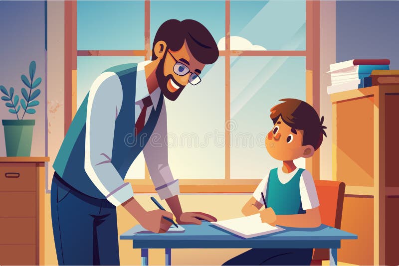 A Man is Helping a Boy Write in a School Setting Stock Illustration ...